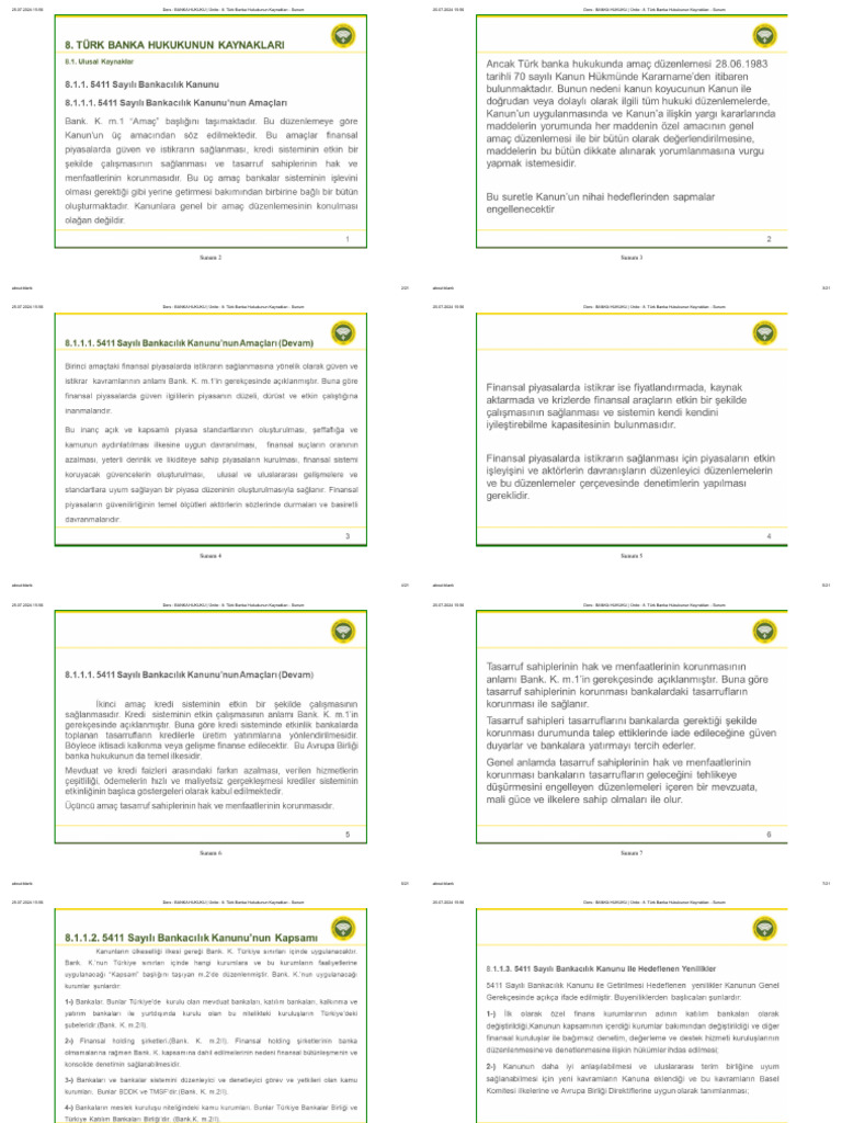 Ders - BANKA HUKUKU - Ünite - 8. Türk Banka Hukukunun Kaynakları - Sunum2 | PDF
