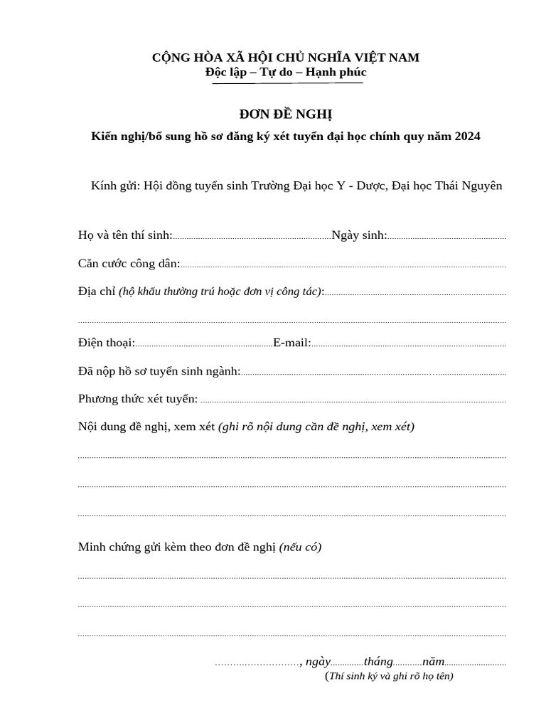 Mau Don Kien Nghi Bo Sung Ho So Dang Ky Xet Tuyen Dai Hoc Chinh Quy Nam 2024 | PDF