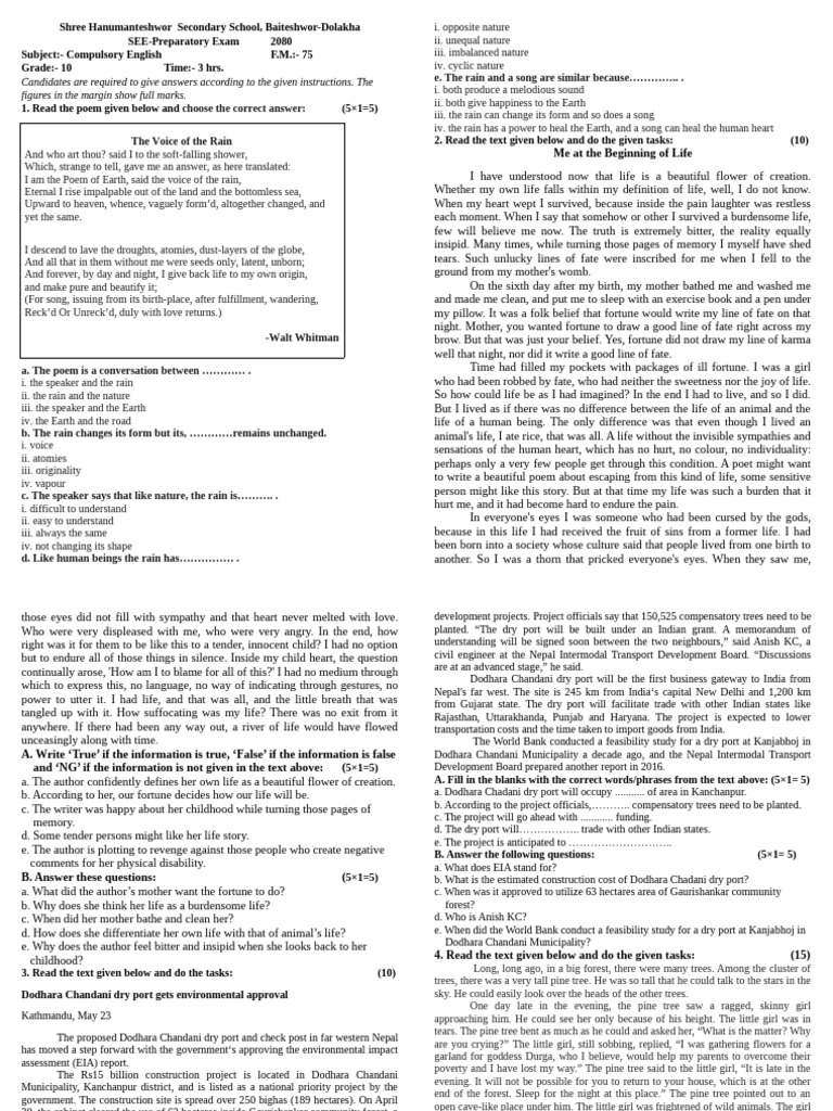 10 Class Eng. Question | PDF