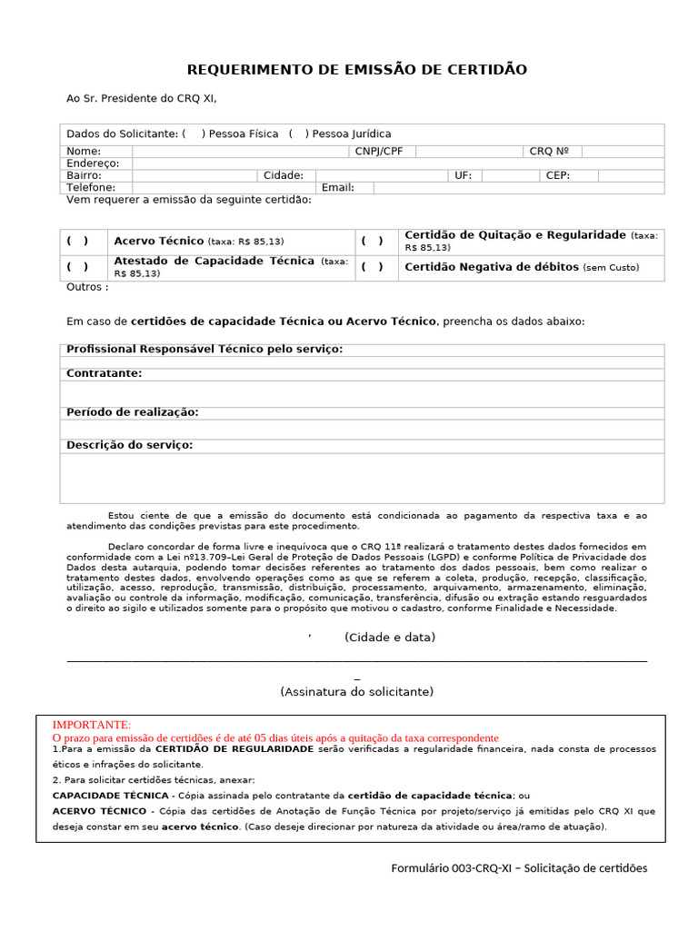 Formulario 003 CRQ XI - Solicitacao de Certidoes | PDF