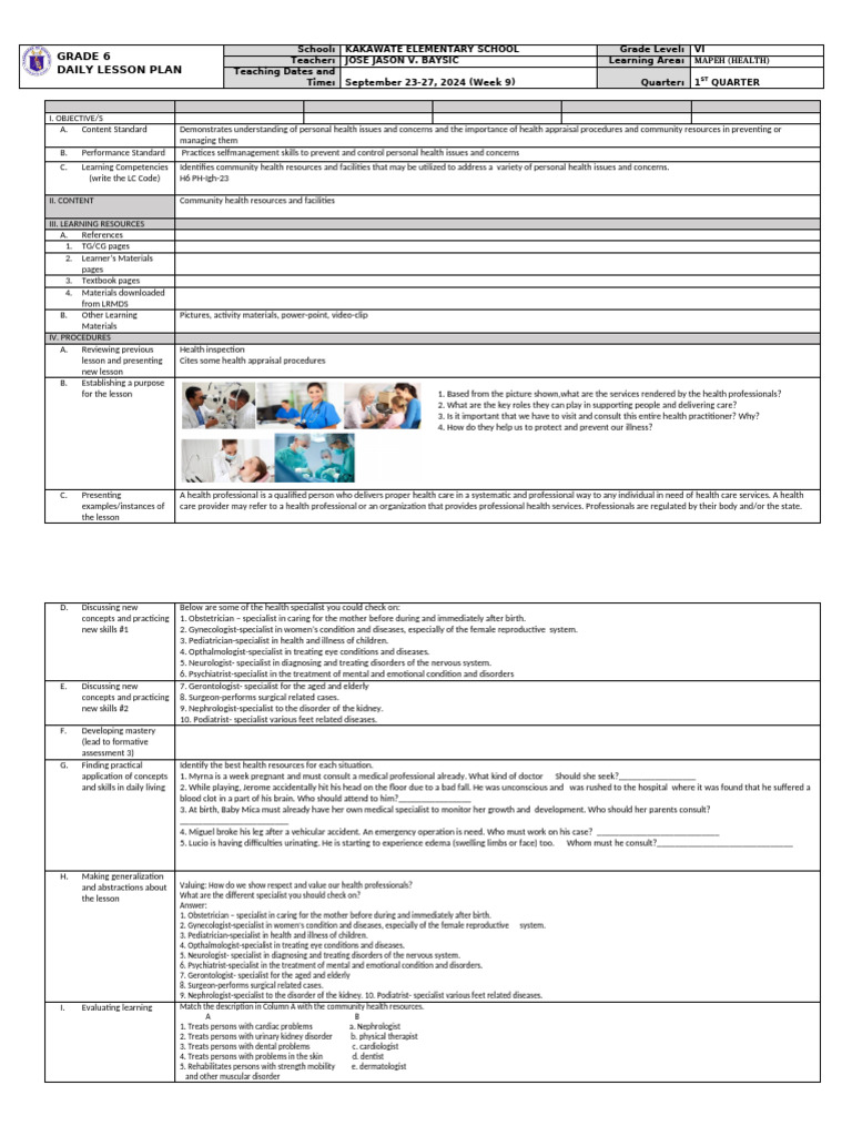 DLL MAPEH 6 Q1 W9 Health 1 | PDF