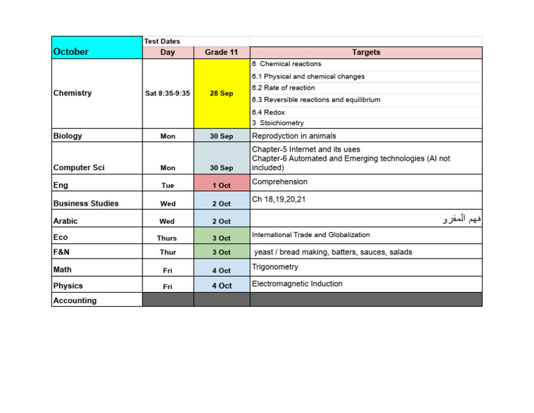 G11 Monthly Tests Schedule - Sheet1 | PDF