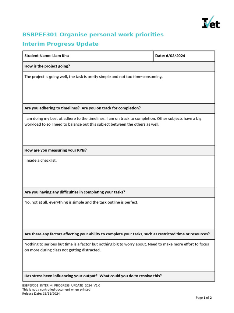 ASSESSMENT Template - Interim Progress Update | PDF