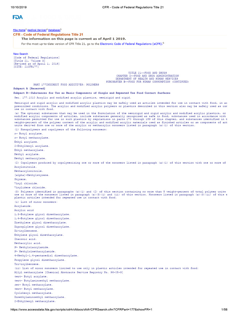 FDA CFR Title 21: Food Contact Plastics | PDF | Copolymer | Science ...