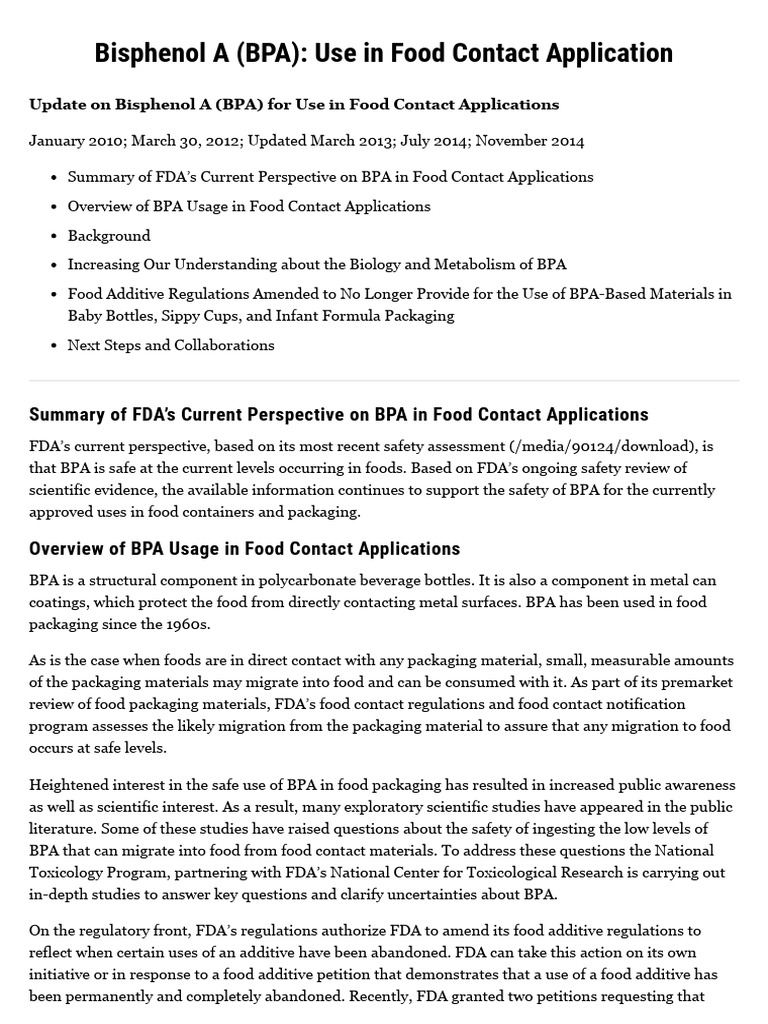 FDA Update on BPA in Food Packaging | PDF | Food And Drug Administration