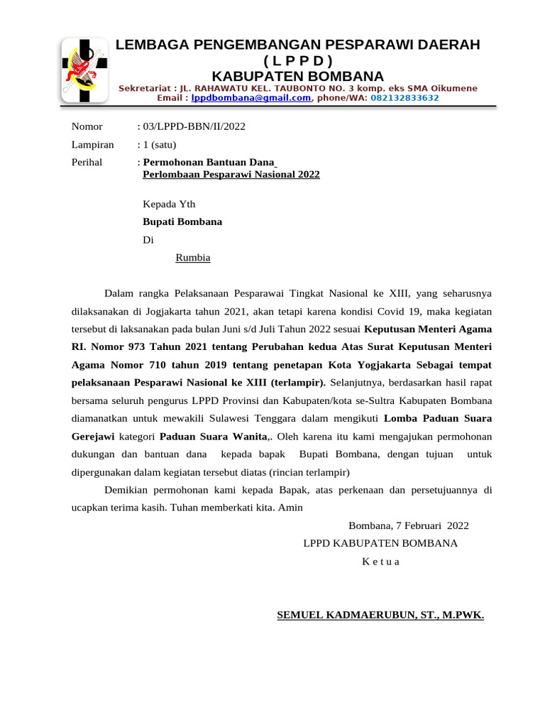 Proposal Bantuan Dana Pesparawi 2022 | PDF | Indonesia | Religion ...