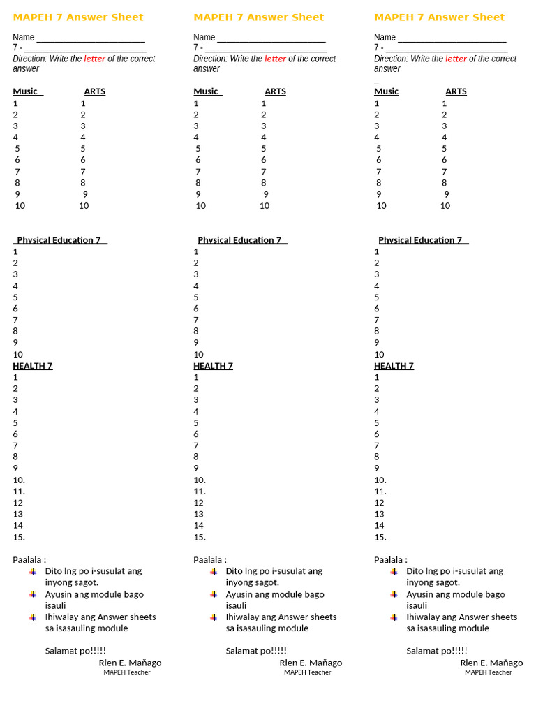 answer sheet 7 2nd quarter | PDF
