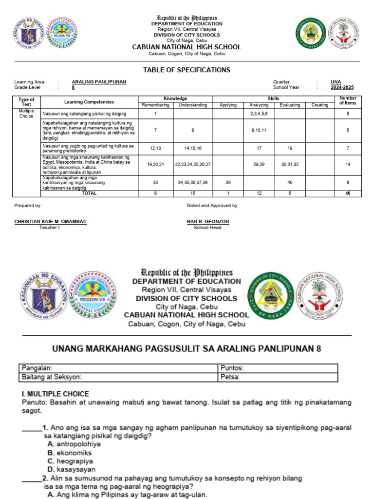 Ap 8 Tos and TQ 1ST Periodical | PDF