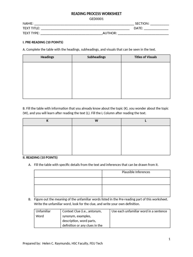 READING PROCESS WORKSHEET - Empty | PDF