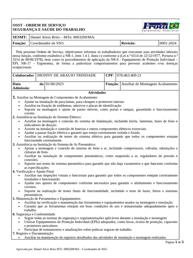 Ordem de Servico Auxiliar de Montagem Acabamento | PDF