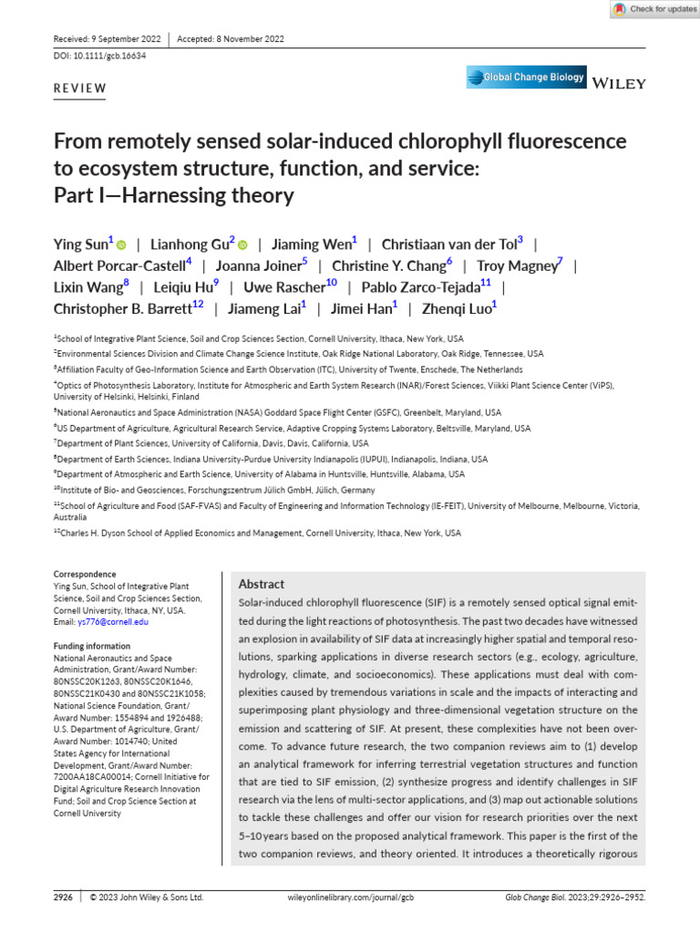 Global Change Biology - Ying Sun2023 - Sun - From Remotely Sensed Solar ...