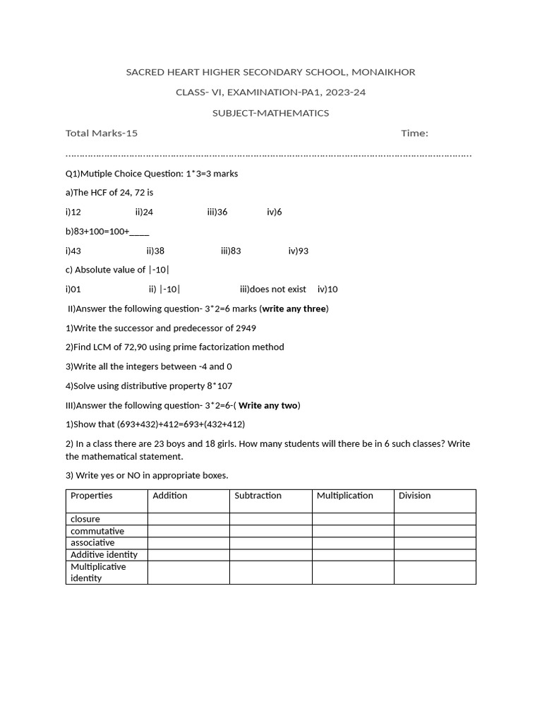 Maths Class 6-PA1 | PDF