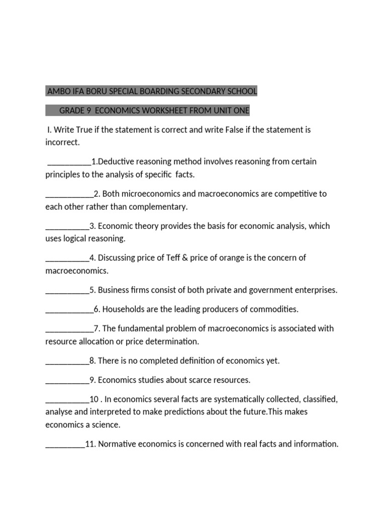Grade 9 Economics Unit 1 Worksheet | PDF | Economics | Taxes