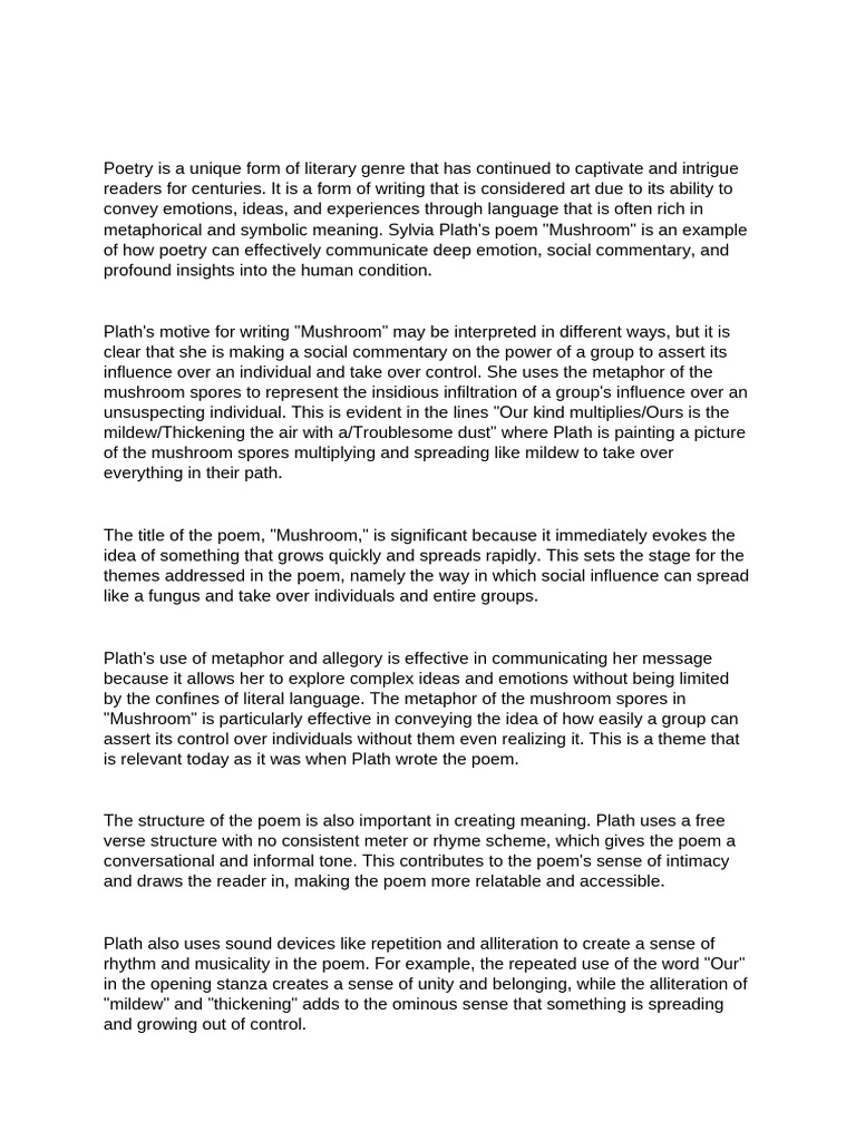 Poetry's Power: Plath's "Mushroom" | PDF | Poetry | Metaphor