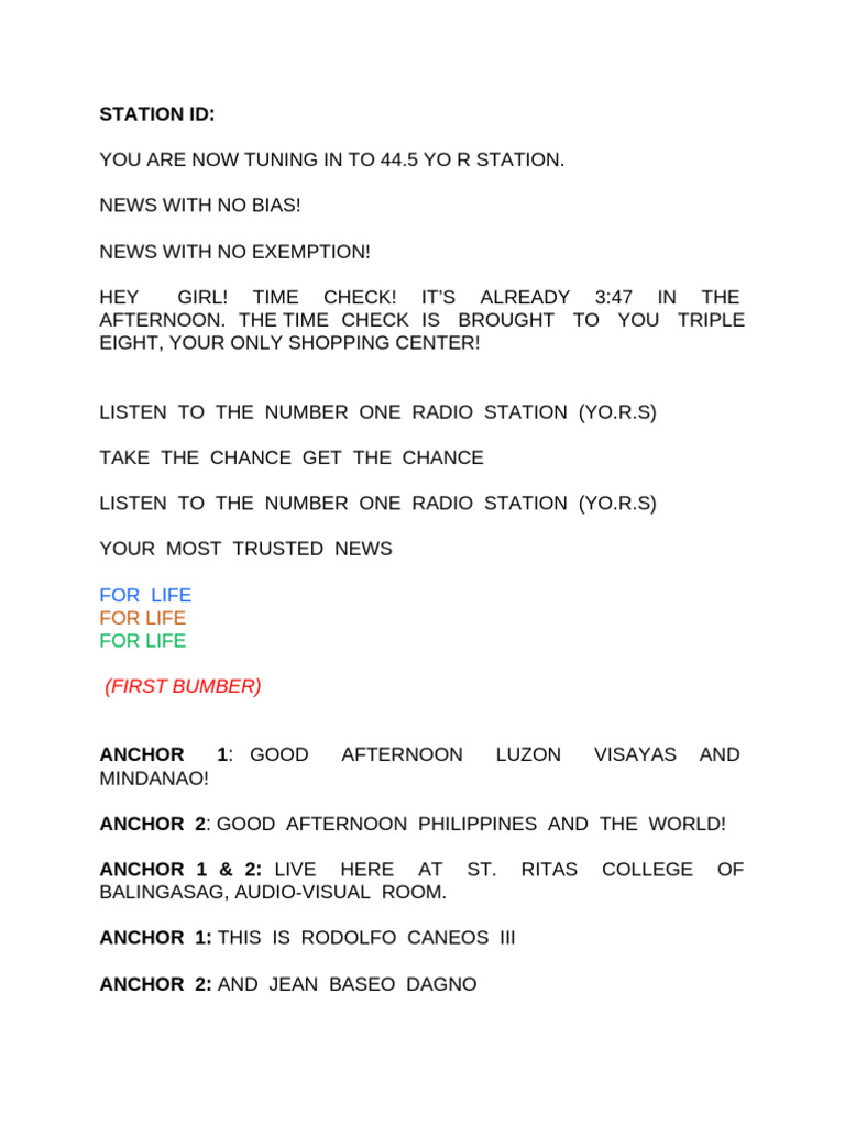 ENGLISH RADIO BROADCASTING SCRIPT Caneos Et Al. | PDF