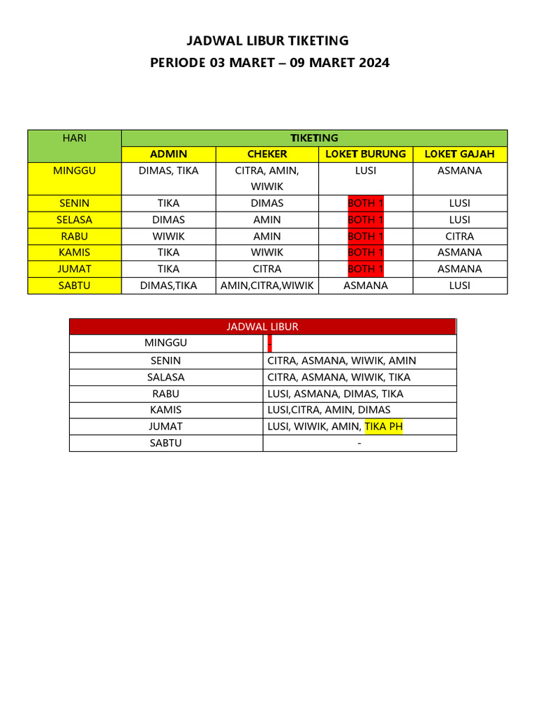 Jadwal Libur Tiketing Periode 03 Maret 09 MARET 2024: Tiketing Admin Cheker Loket Burung Loket ...