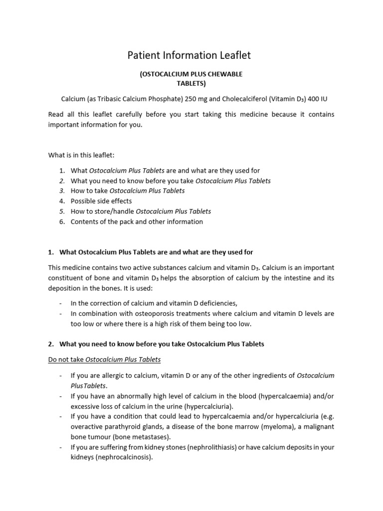 Patient Information Leaflet Ostocal Tabs Final | PDF | Vitamin D | Self ...