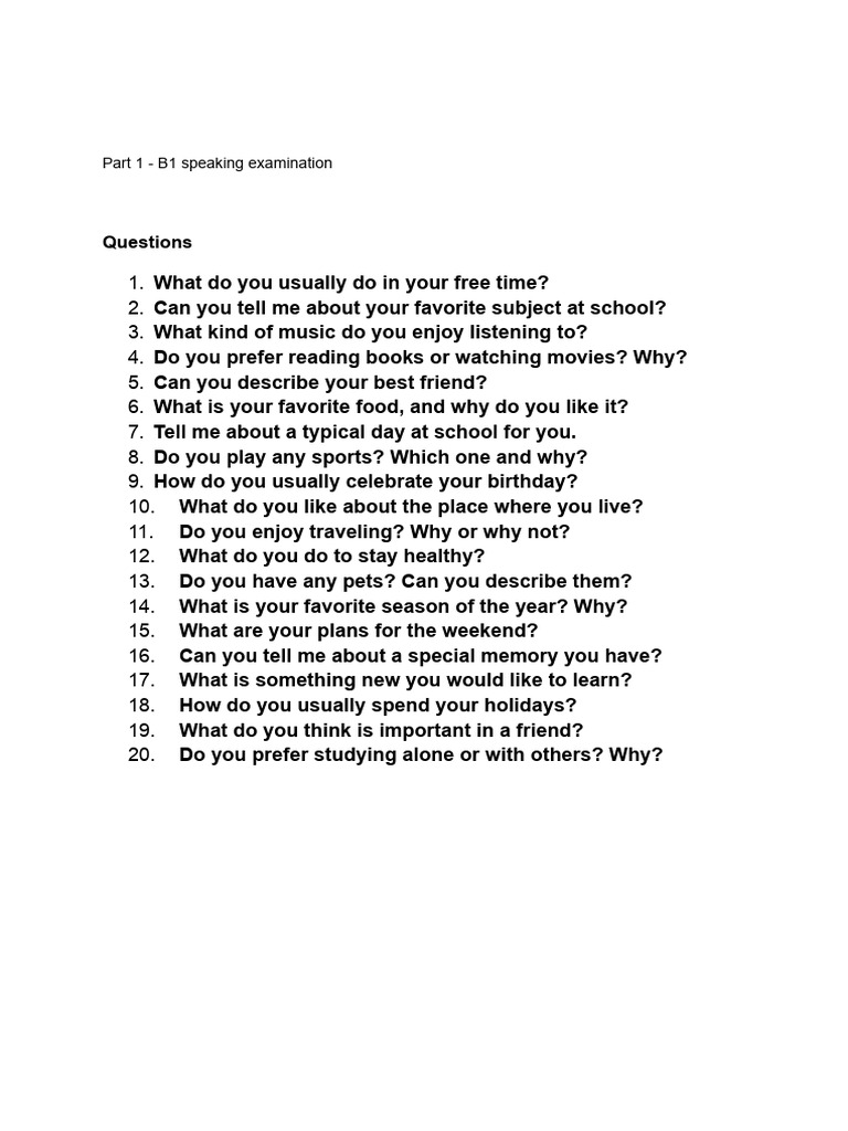 B1 Speaking Part 1 Questions Guide | PDF | Lifestyle