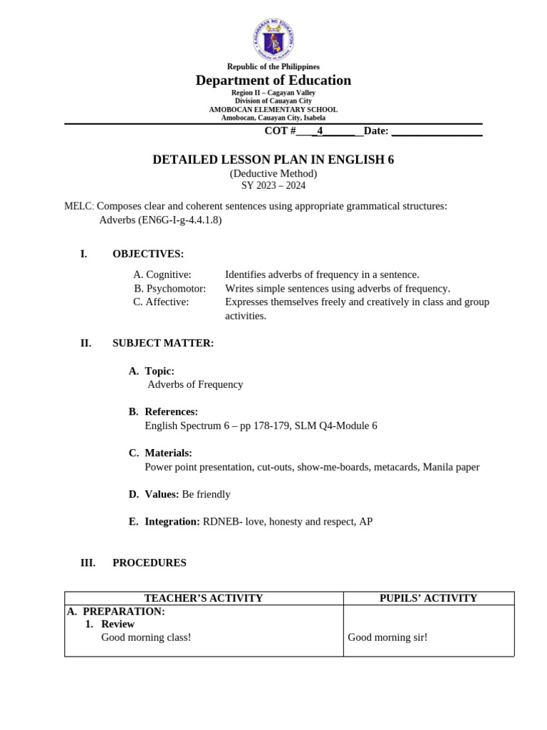 Dll-Demo-English 4TH - Cot-2023-2024 | PDF