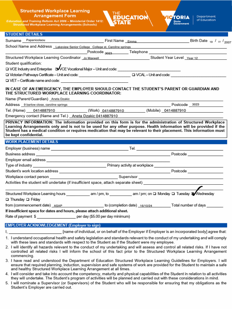 2024 Work Placement Forms | PDF