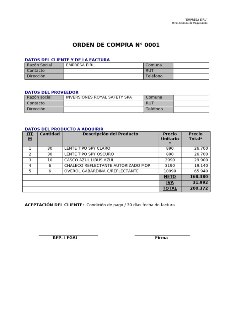 Modelo Orden de Compra Nº0001 | PDF