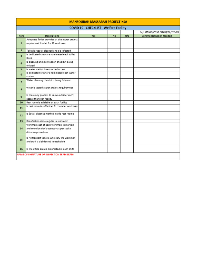 Checklist For Welfare Facility | PDF