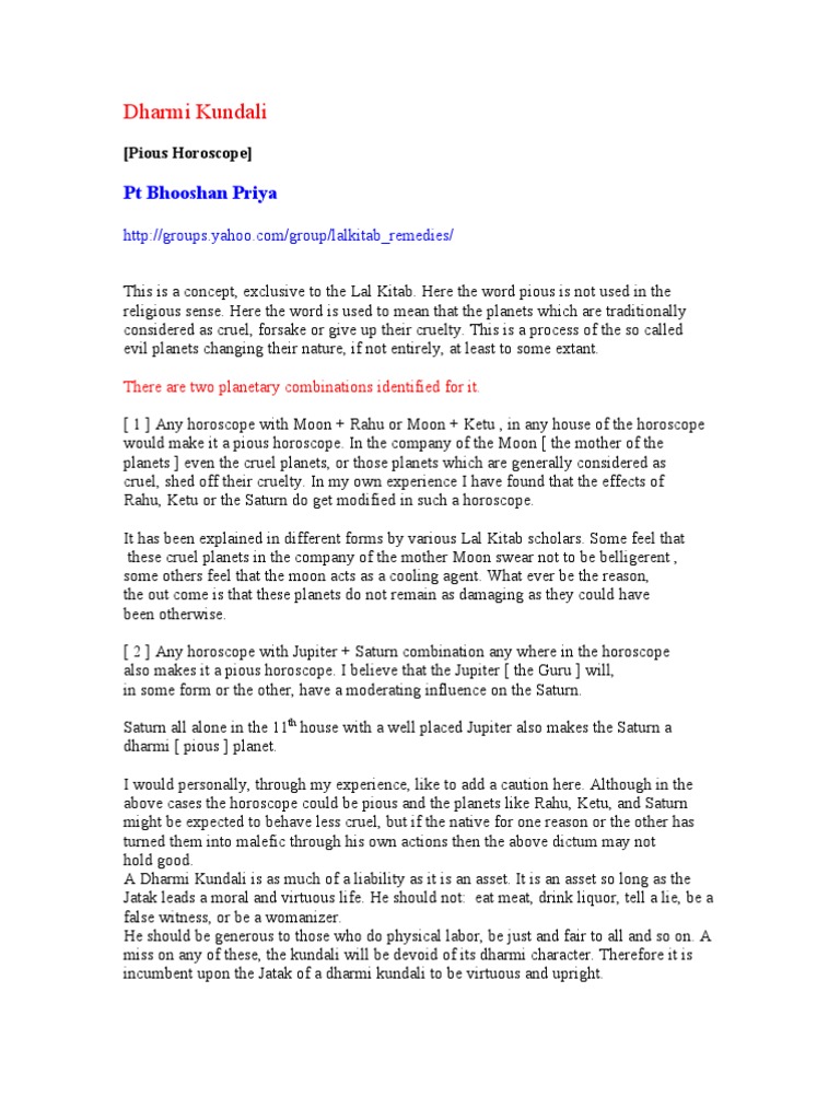 01 Lal Kitab Concept - Dharmi Kundali | PDF | Planets | Astrology