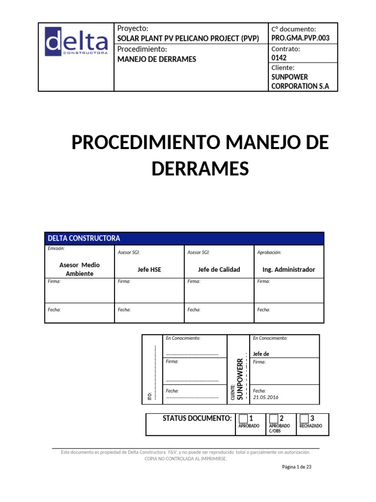 PRO - GMA.PVP.001-Procedimiento Manejo de Derrames | PDF