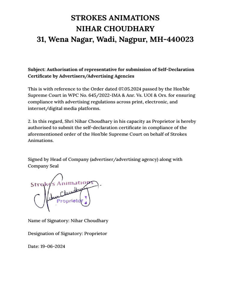 Subject - Authorisation of Representative For Submission of Self ...