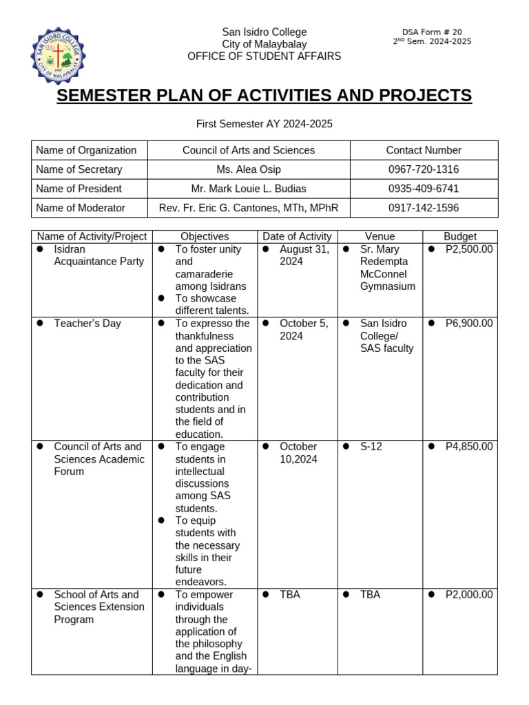 DSA Form # 20 SEMESTER PLAN OF ACTIVITIES AND PROJECTS 2024-2025 | PDF