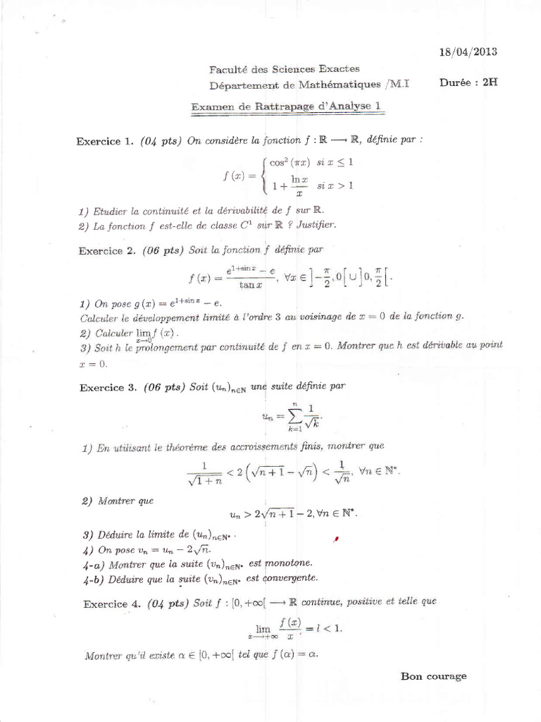 Rattrapage Analyse 1 2013 | PDF