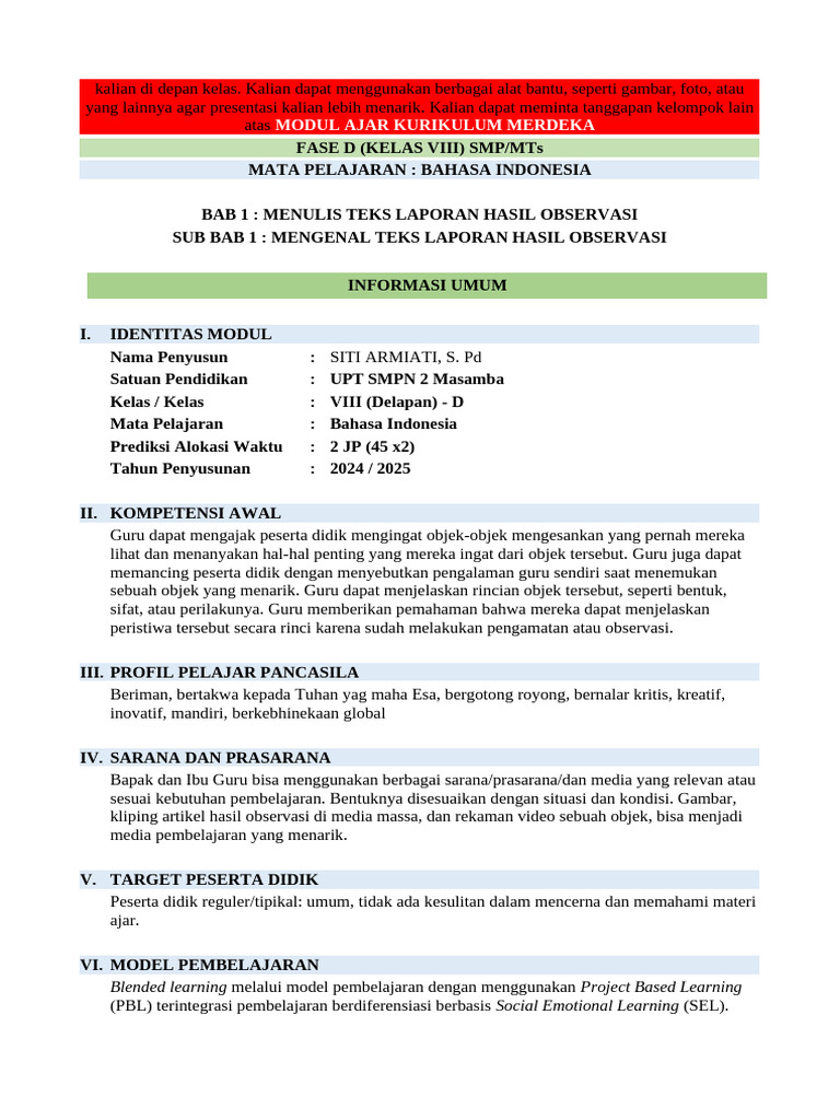 Modul Ajar Kurikulum Merdeka Bindo 8 Bab 1 | PDF