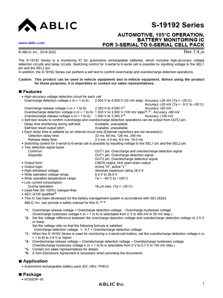 S-19192 Series: Automotive, 105°C Operation, Battery Monitoring Ic For ...
