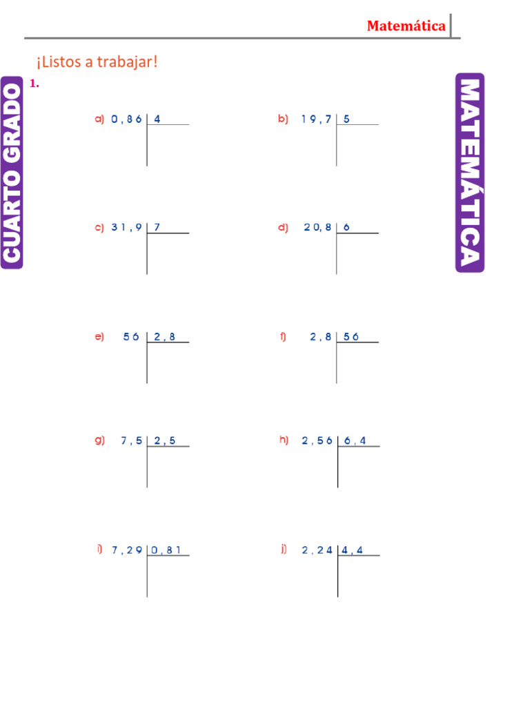 División Con Números Decimales para Cuarto Grado de Primaria | PDF