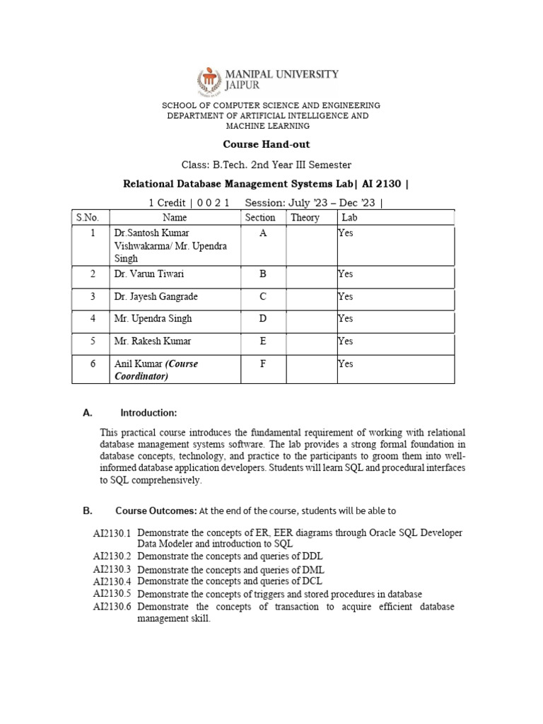 Ai2130 Rdbms (Lab) Course Handout Aiml 2023-24 | PDF