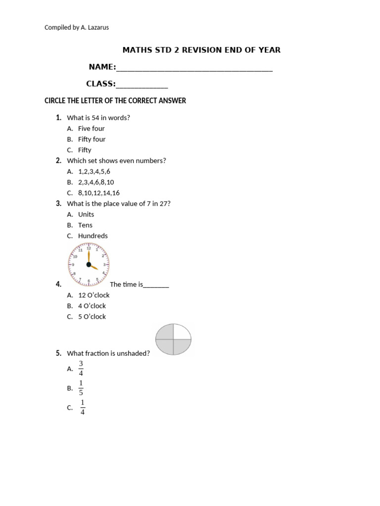 MATHS STD 2 REVISION END OF YEAR | PDF