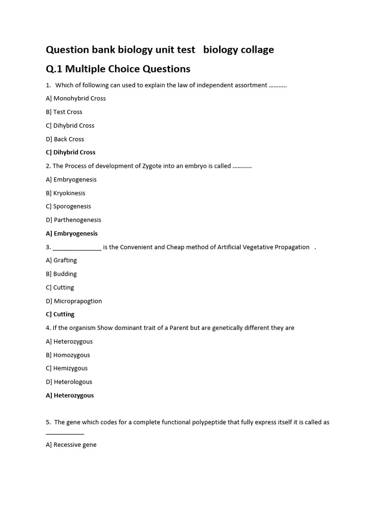 Question Bank Biology Unit Test Biology CLG 12 TH Science | PDF