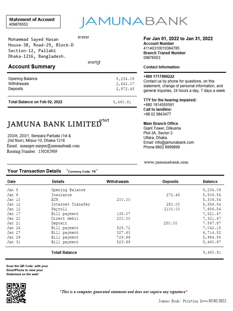 Bank Statement Jamuna Bank | PDF