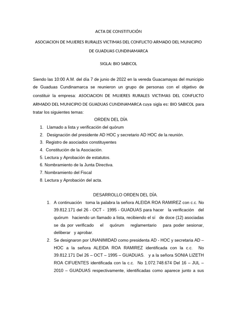 Acta de Constitución de BIO SABICOL | PDF | Gobierno