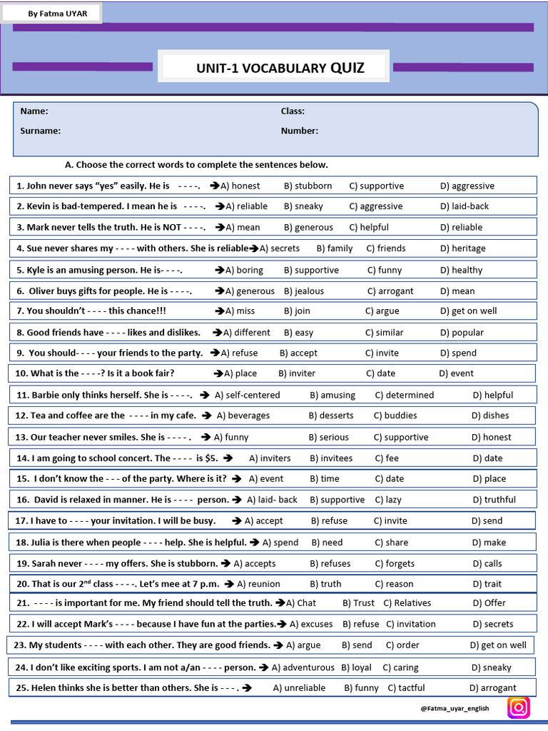 UNIT-1 QUIZ by Fatma Uyar On INSTAGRAM | PDF