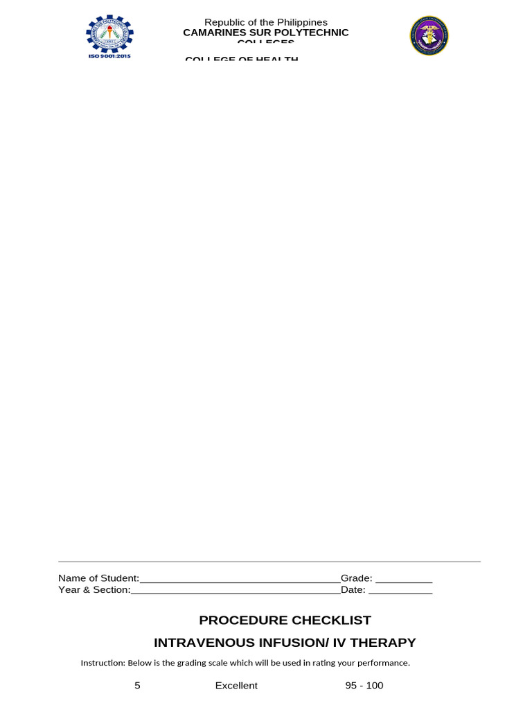 Checklist INTRAVENOUS INFUSION IV THERAPY | PDF