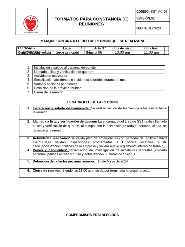 Acta de Reunion Copasst N 06 Abril | PDF