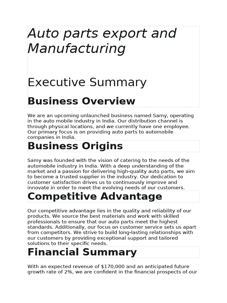 Auto Parts Export and Manufacturing Business Plan | PDF