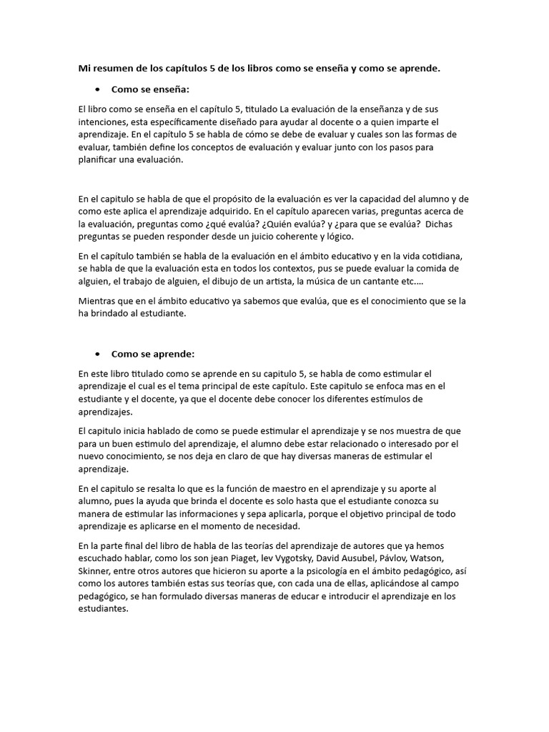 Mi Resumen de Los Capítulos 5 de Los Libros Como Se Enseña y Como Se Aprende | PDF | Aprendizaje ...