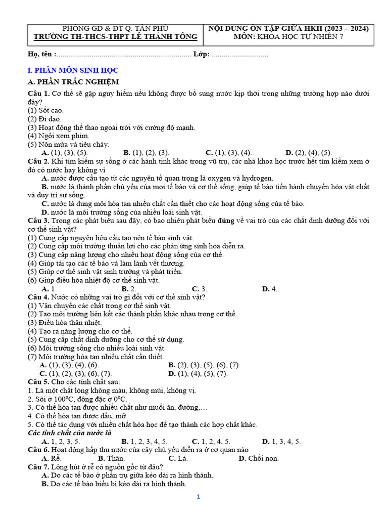(2023-2024) KHTN7-ÔN TẬP KIỂM TRA GIỮA HKII | PDF