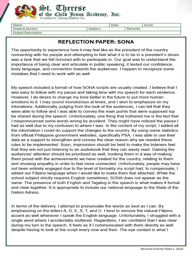 Reflection Paper: Sona: Name: Date: Score: Grade & Section: Subject: Remarks: Output Description ...
