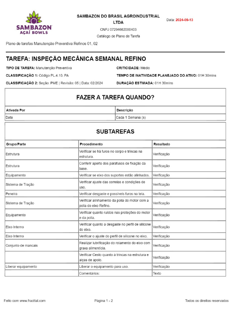 Catálogo de Plano de Tarefa Refinos 01 e 02 | PDF