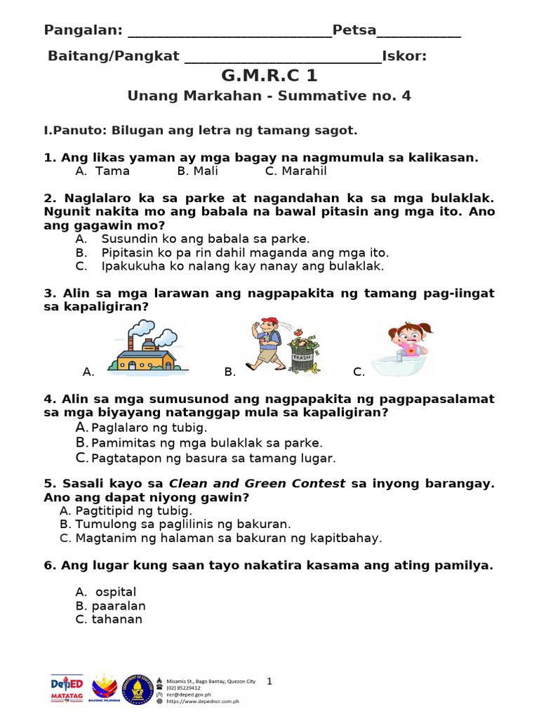 Grade 1 Matatag Summative Test Q3
