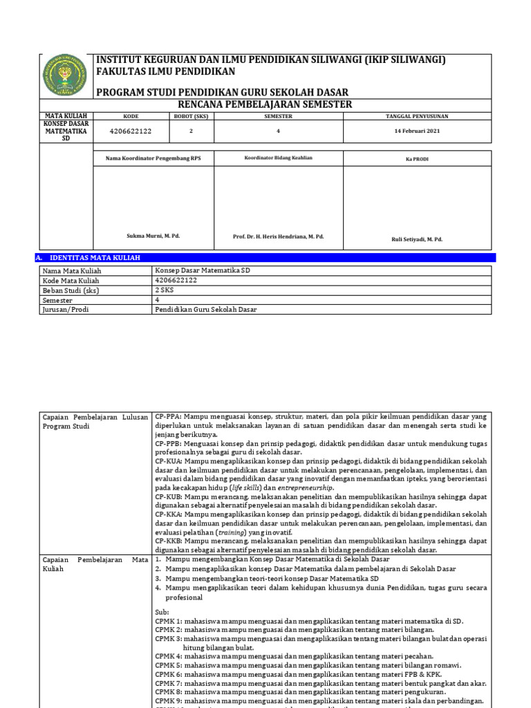 RPS Konsep Dasar Matematika SD - Sukma Murni - 0402029201 | PDF