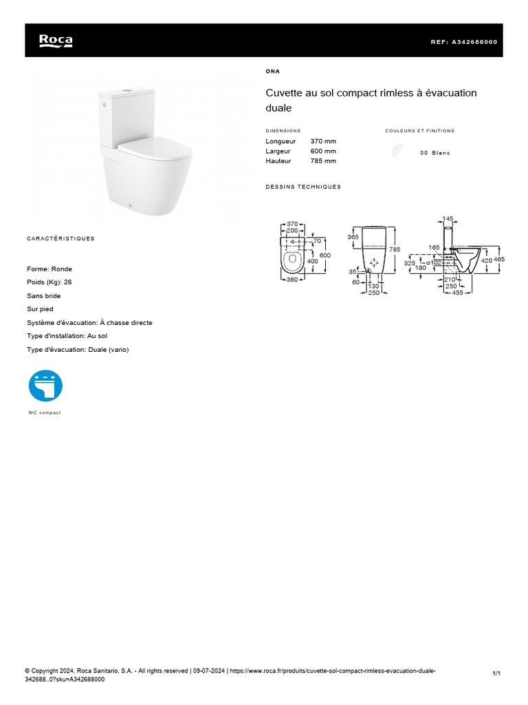 Roca Ona Cuvette Au Sol Compact Rimless CC (Close-Coupled) Dual BTW ...